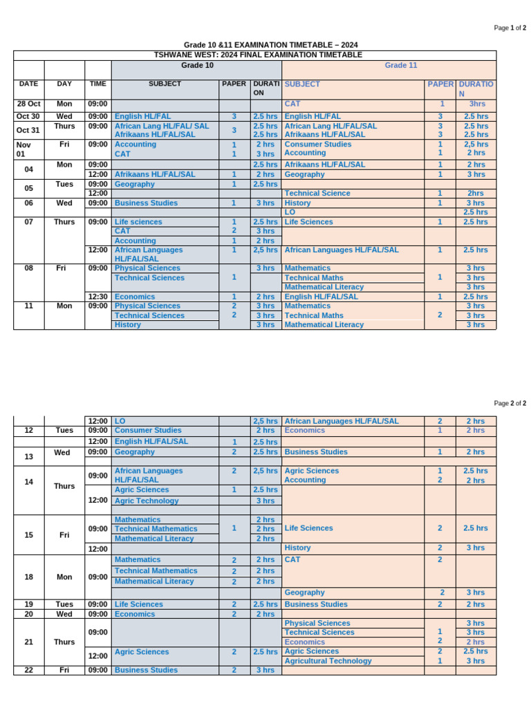GR 10 and 11 2024 Oct Nnovember Exam Timetable | PDF | Educational Stages | Science