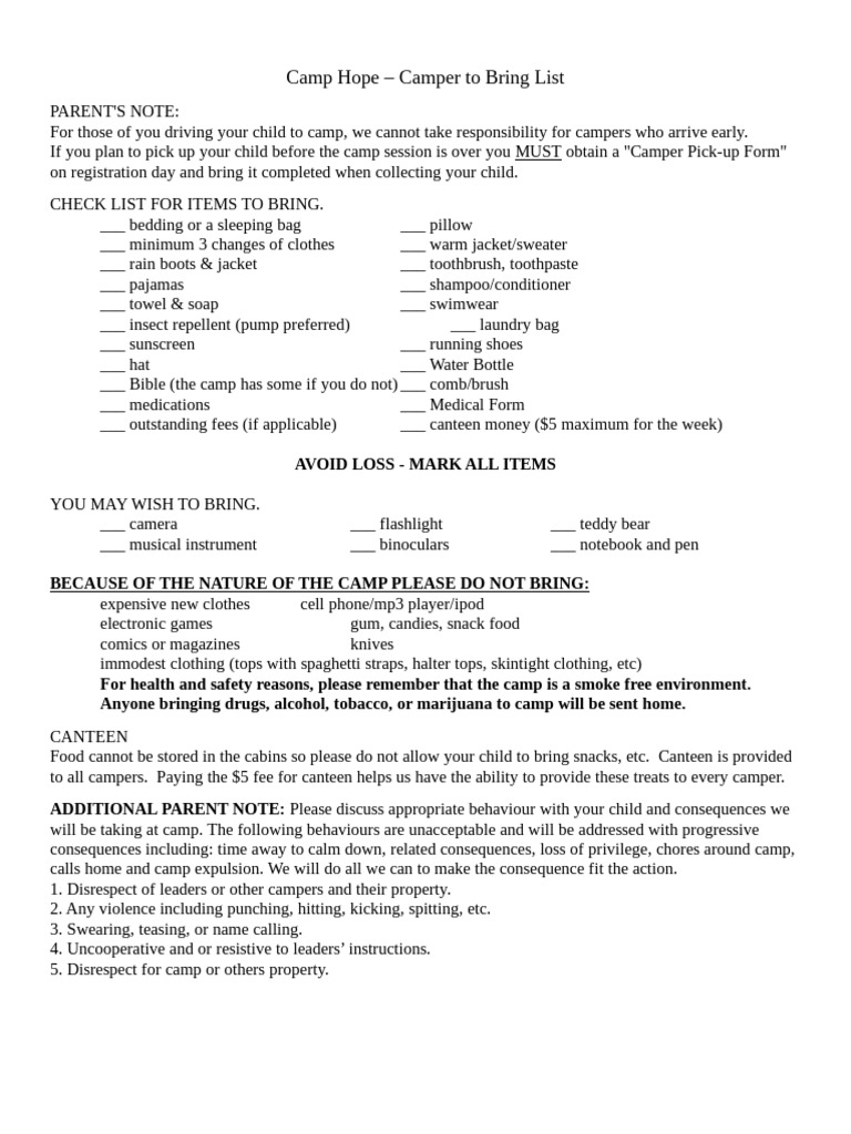 Camper to Bring List 2023 | PDF