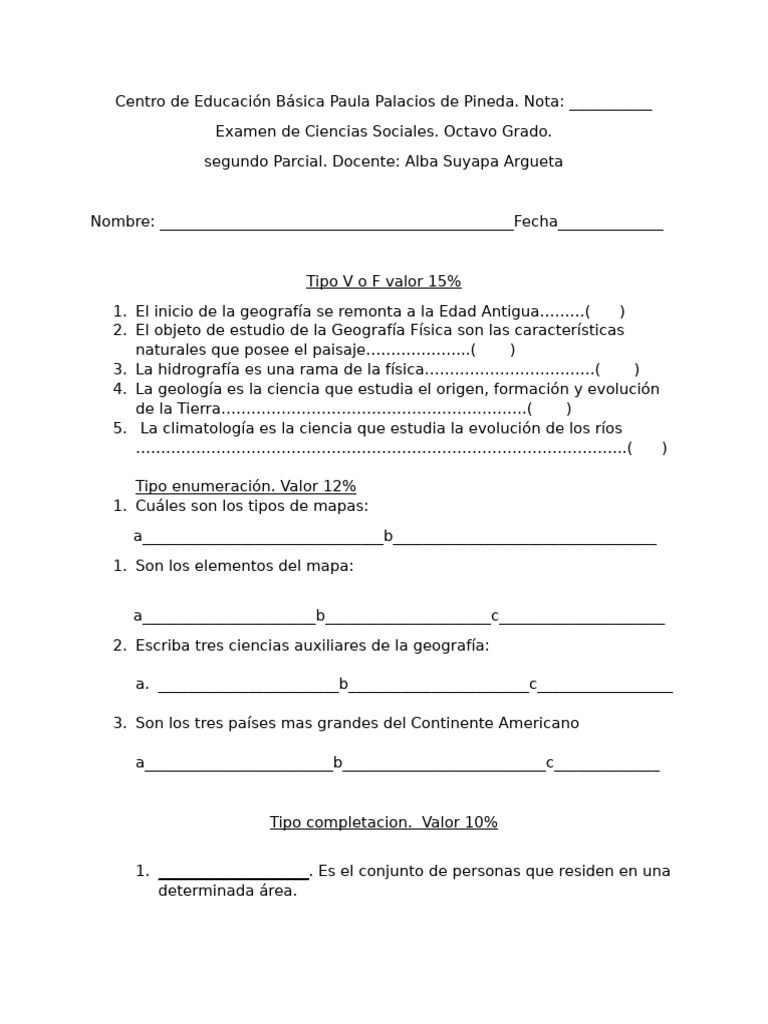Examen de Ciencias Sociales Octavo | PDF