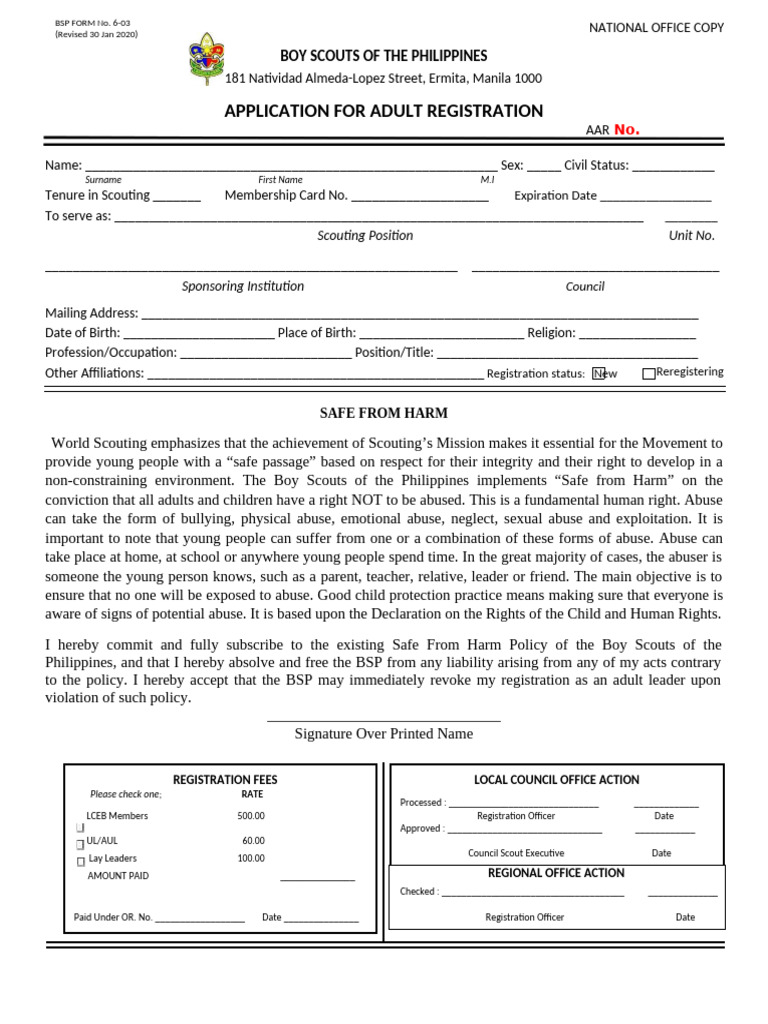 Adult Registration Application Form BSP | PDF | Child Protection ...