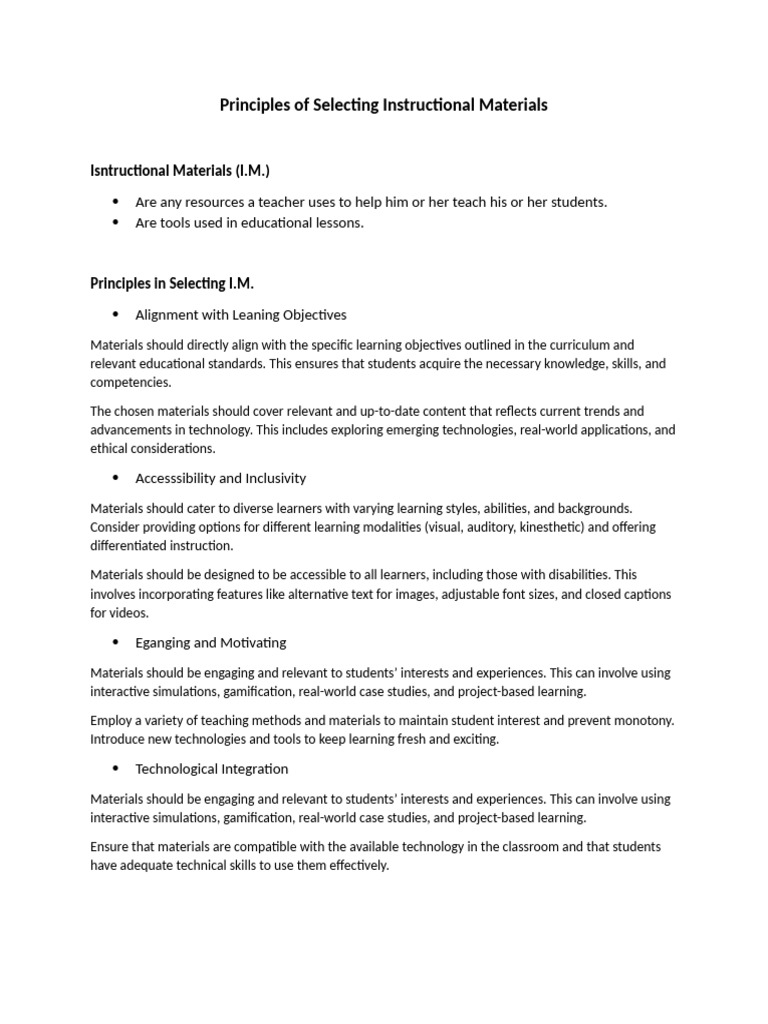 Principles of Selecting Instructional Materials | PDF | Learning ...