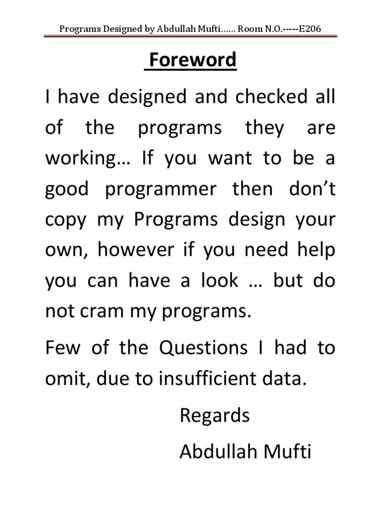Foreword: Programs Designed by Abdullah Mufti Room N.O. - E206 | PDF ...