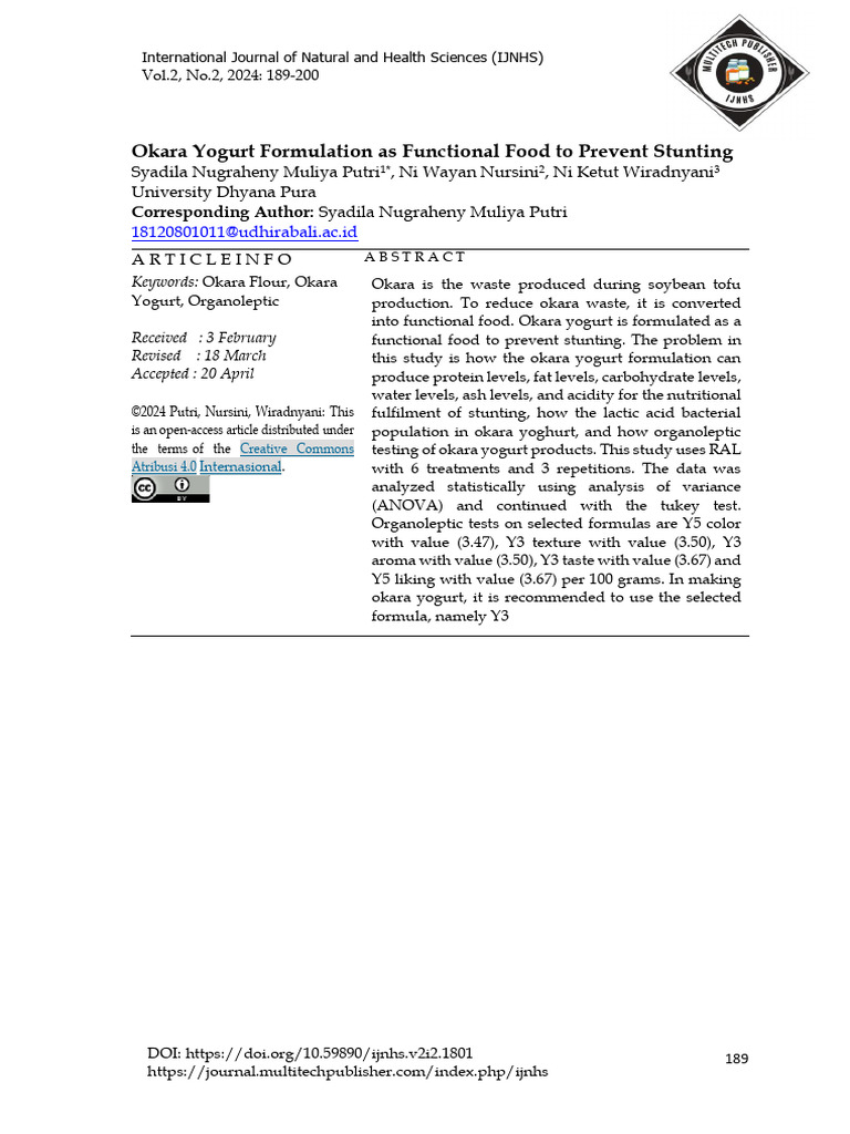 Okara Yogurt Formulation As Functional Food To Pre | PDF | Taste ...