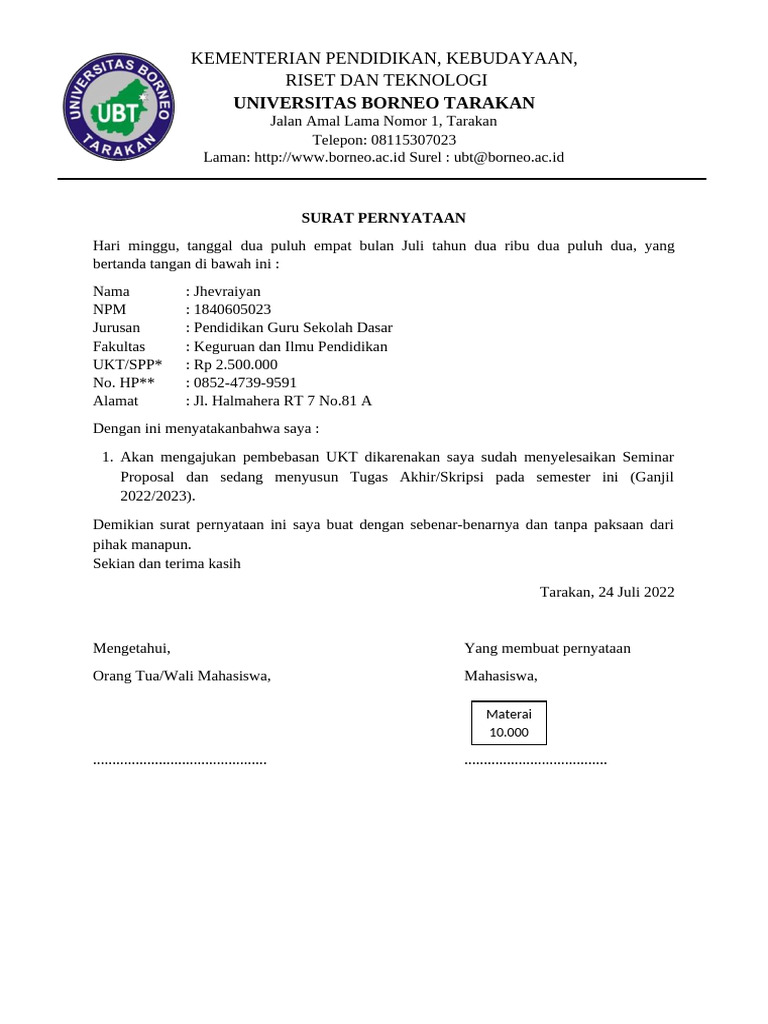 Surat Pembebasan UKT.1 | PDF