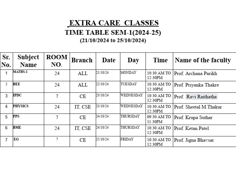 Sem-1 (2024-25)_extra Care Classes Time Table.docx (1) | PDF