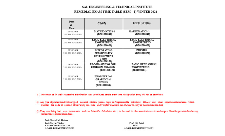 2024-25 - Sem-1 - Time Table Remidial Exam | PDF | Engineering | Science