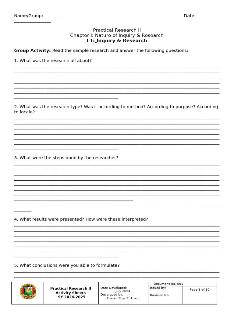 Practical Research II Activity Sheets | PDF | Sampling (Statistics ...