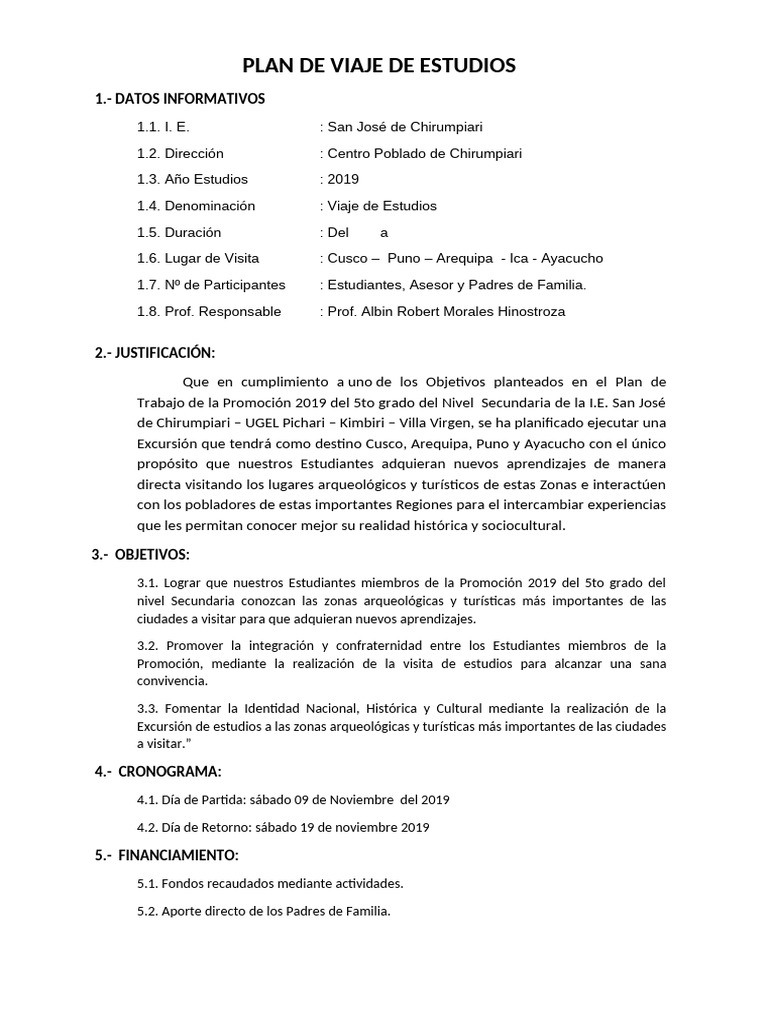 Plan de Excursión para Viaje de Promoción | PDF