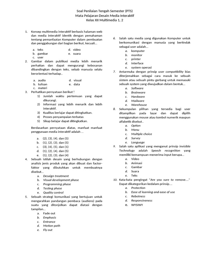 Soal PTS Sem 1 2022 DMK INTERAKTIF XII MM | PDF
