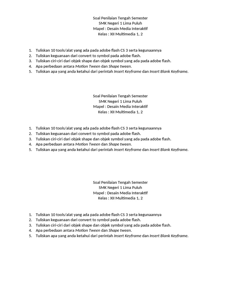 Soal PTS Sem 1 2022 Teknik Animasi 2d XI MM Essay | PDF