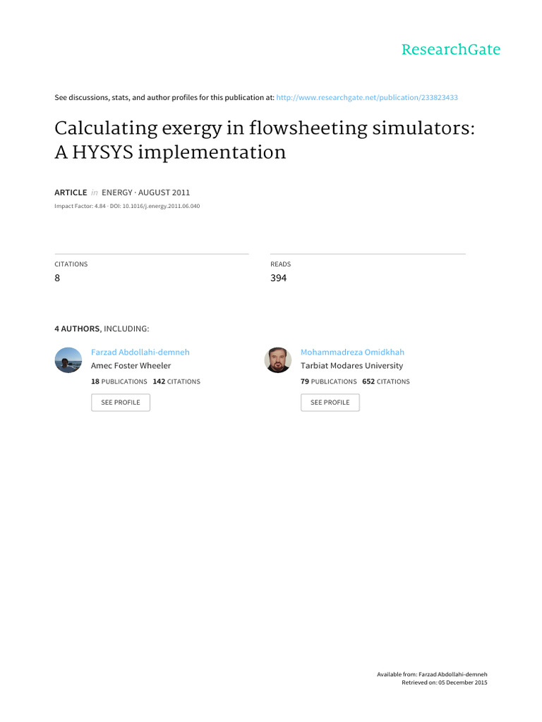 Calculating Exergy in Flowsheeting Simulators A HYSYS Implementation | PDF | Exergy | Entropy