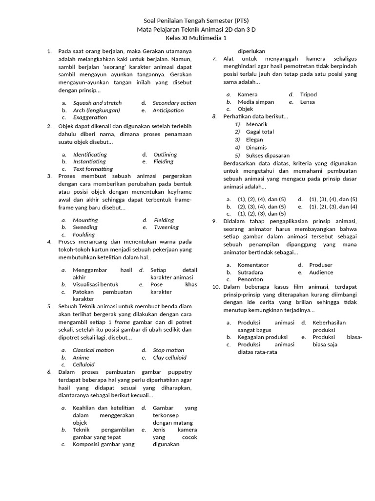 Soal PTS Sem 1 2022 Teknik Animasi 2d XI MM | PDF