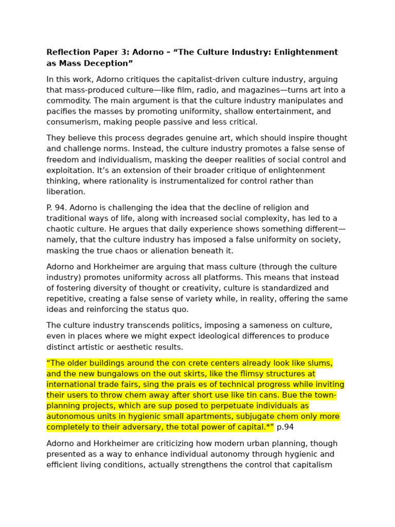 Reflection 3 | PDF | Theodor W. Adorno