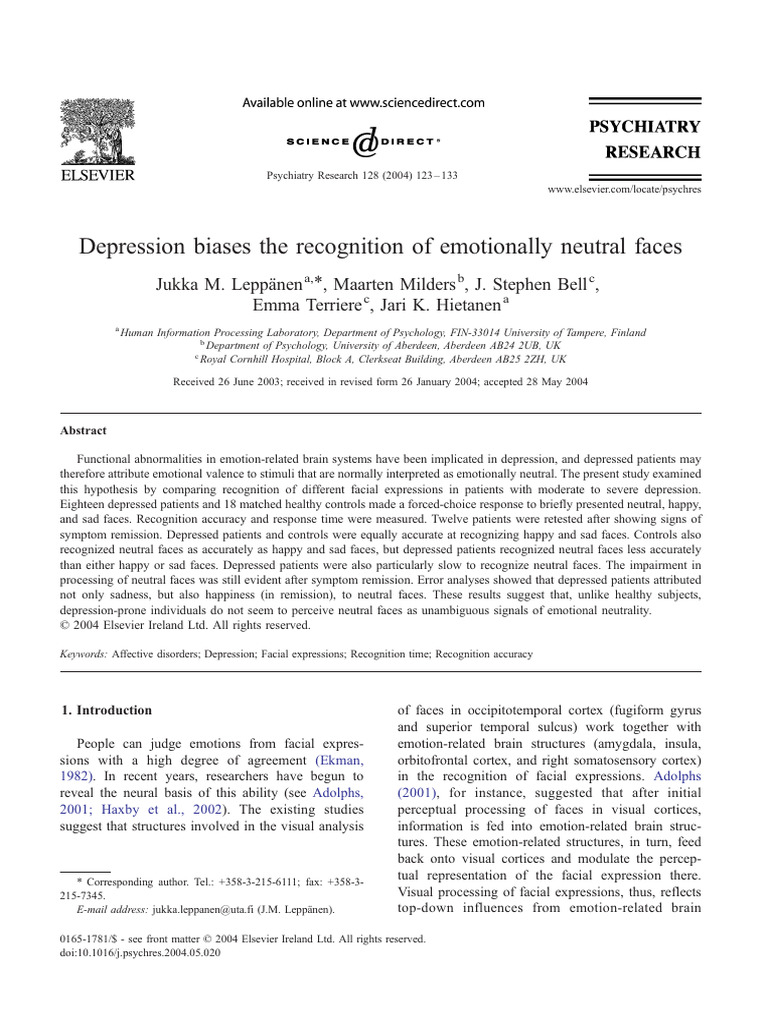 Depression Biases The Recognition of Emotionally Neutral Faces | PDF ...