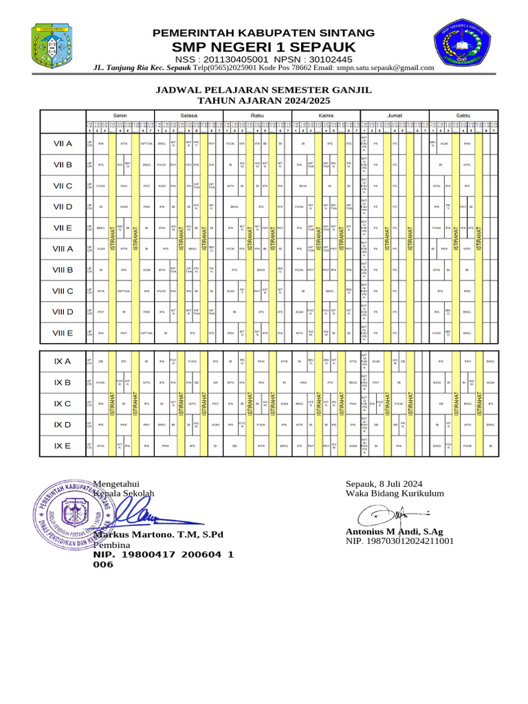 Jadwal Pelajaran SMT Ganjil 2024-2025 | PDF