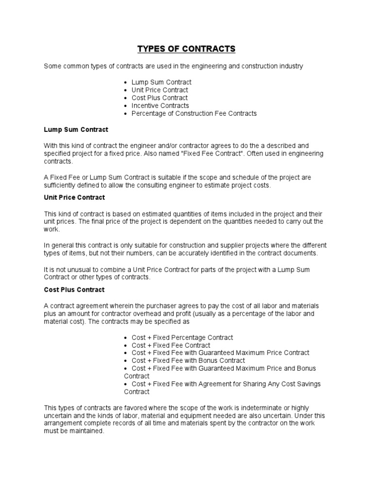 Types of Contracts | PDF | Cost | Fee
