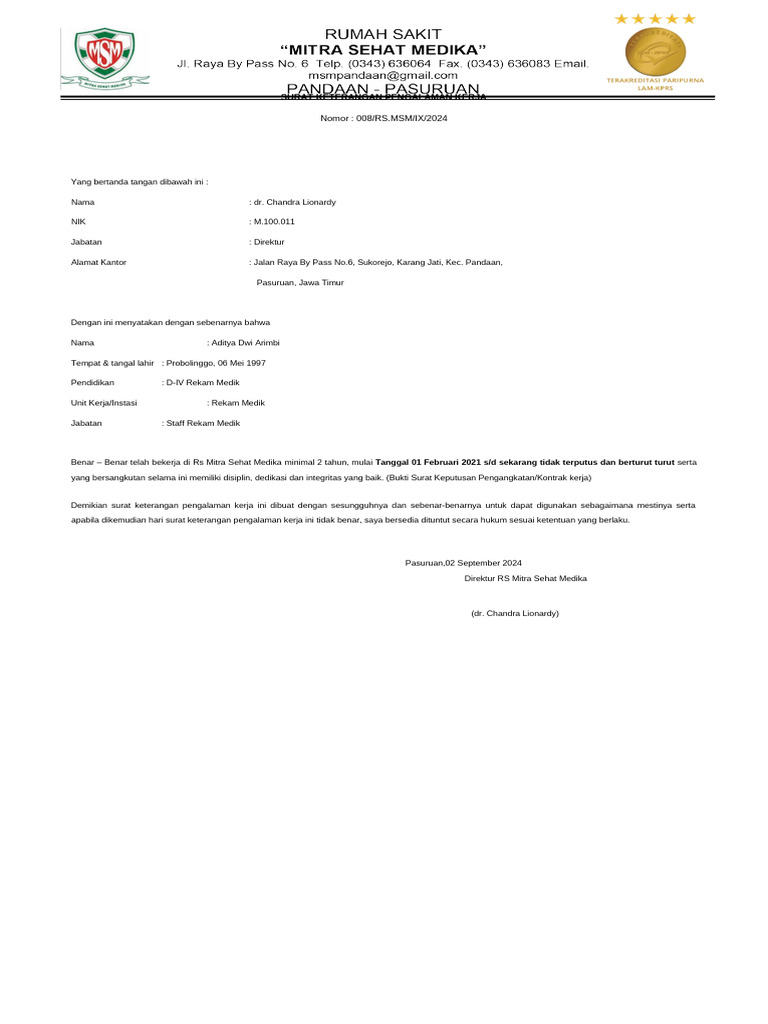 SURATKETERANGANPENGALAMANKERJA Tya | PDF