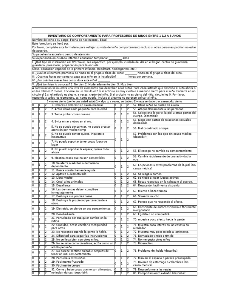 CBCB Profesores Inventario de Comportamiento para Profesores de Niños ...