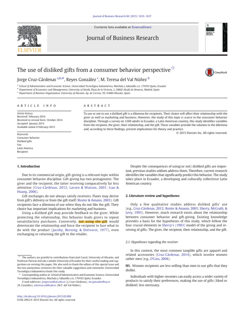 Cruz-Cardenas 2015 JBR The Use of Disliked Gifts | PDF | Gift | Hypothesis