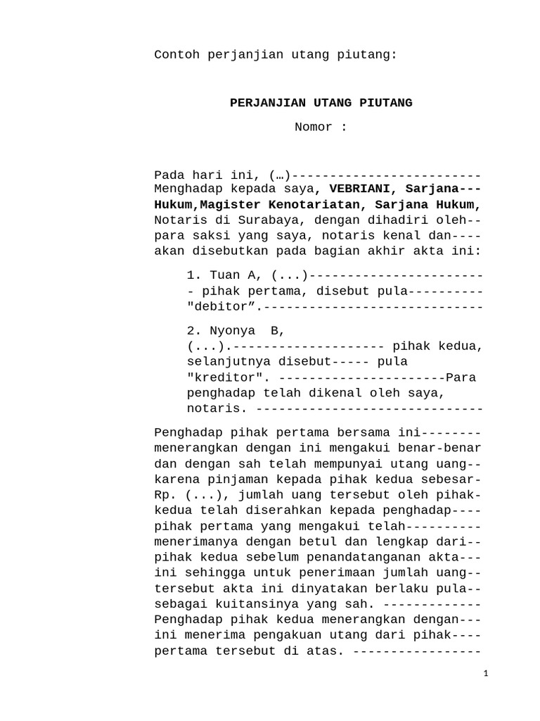 Contoh Perjanjian Utang Piutang Notaris | PDF