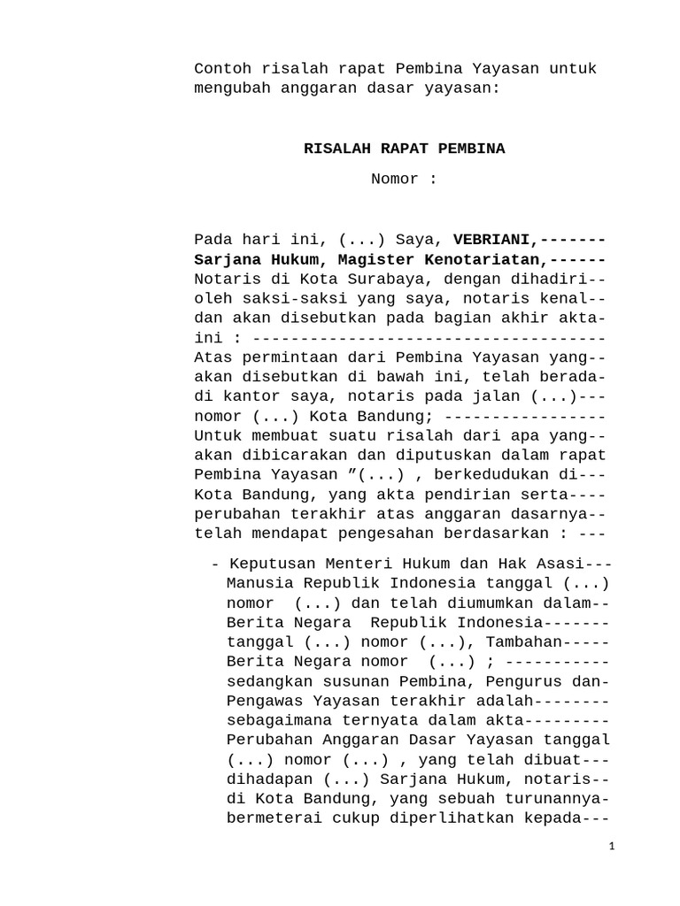 Contoh Risalah Rapat Pembina Yayasan Untuk Mengubah Anggaran Dasar ...