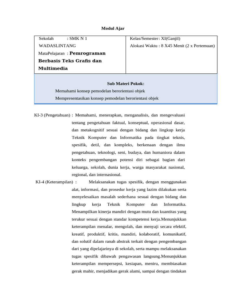 Modul Ajar Sekolah SMK N 1 Wadaslintang | PDF