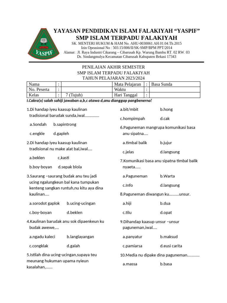 Soal Basa Sunda Kls 7 | PDF