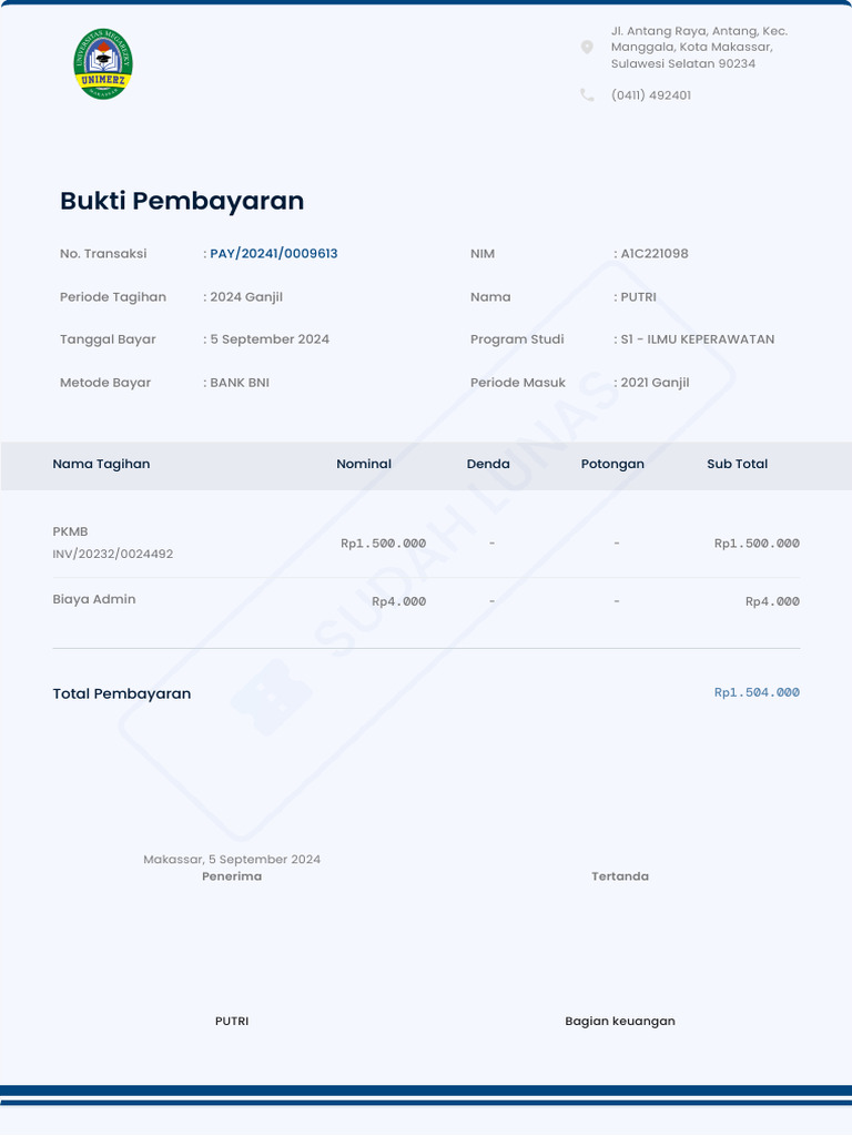 Bukti Pembayaran S1 Keperawatan 2024 | PDF