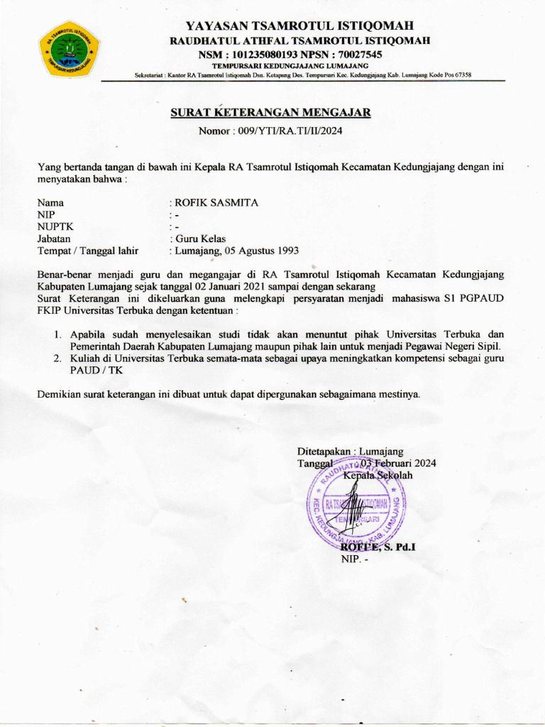 Surat Keterangan Mengajar Rofik | PDF