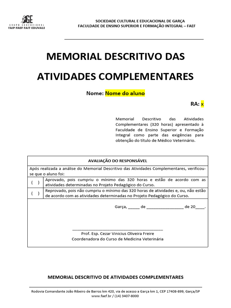Modelo Memorial Descritivo Ativ. Complementares Medicina Veterinária | PDF | Medicina ...