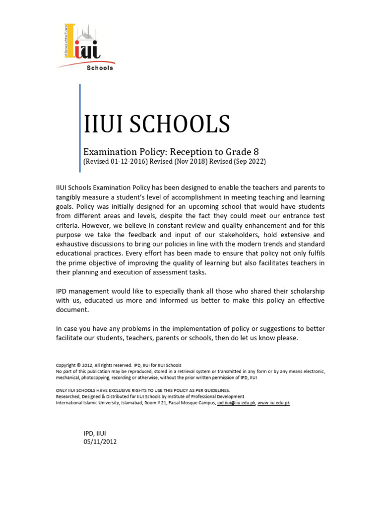 IIUI Schools Examination Policy Revised (Sep 2022) | PDF | Educational Assessment | Cognition