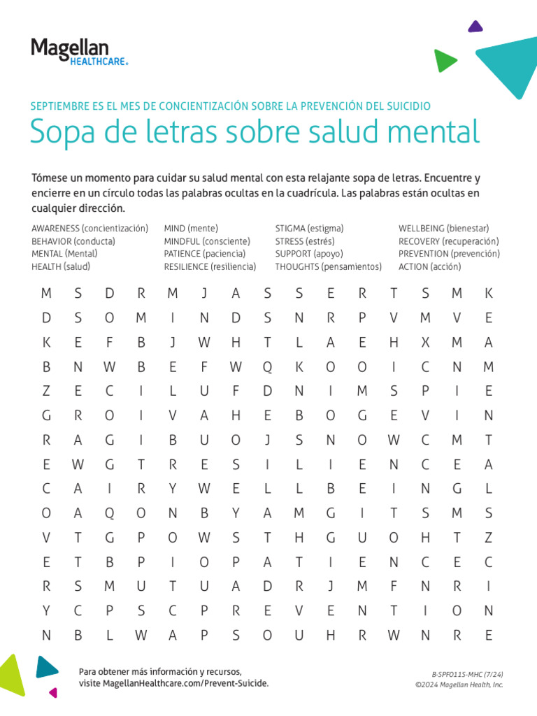 Sopa de Letras: Salud Mental y Prevención | PDF | Salud mental | Las ...