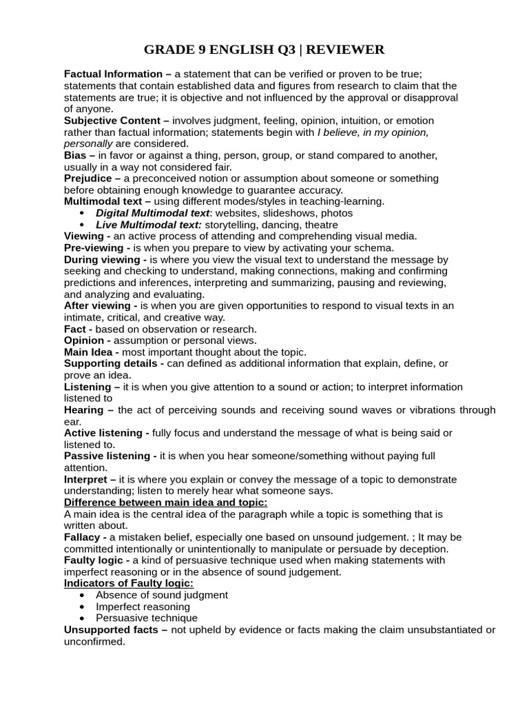 GRADE-9-ENGLISH-Q3-Reviewer | PDF | Fallacy | Persuasion