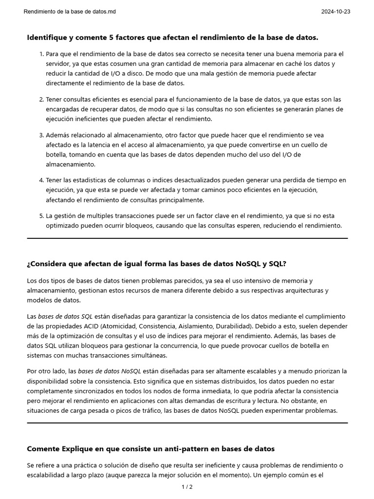 Rendimiento De La Base De Datos Pdf No Sql Bases De Datos