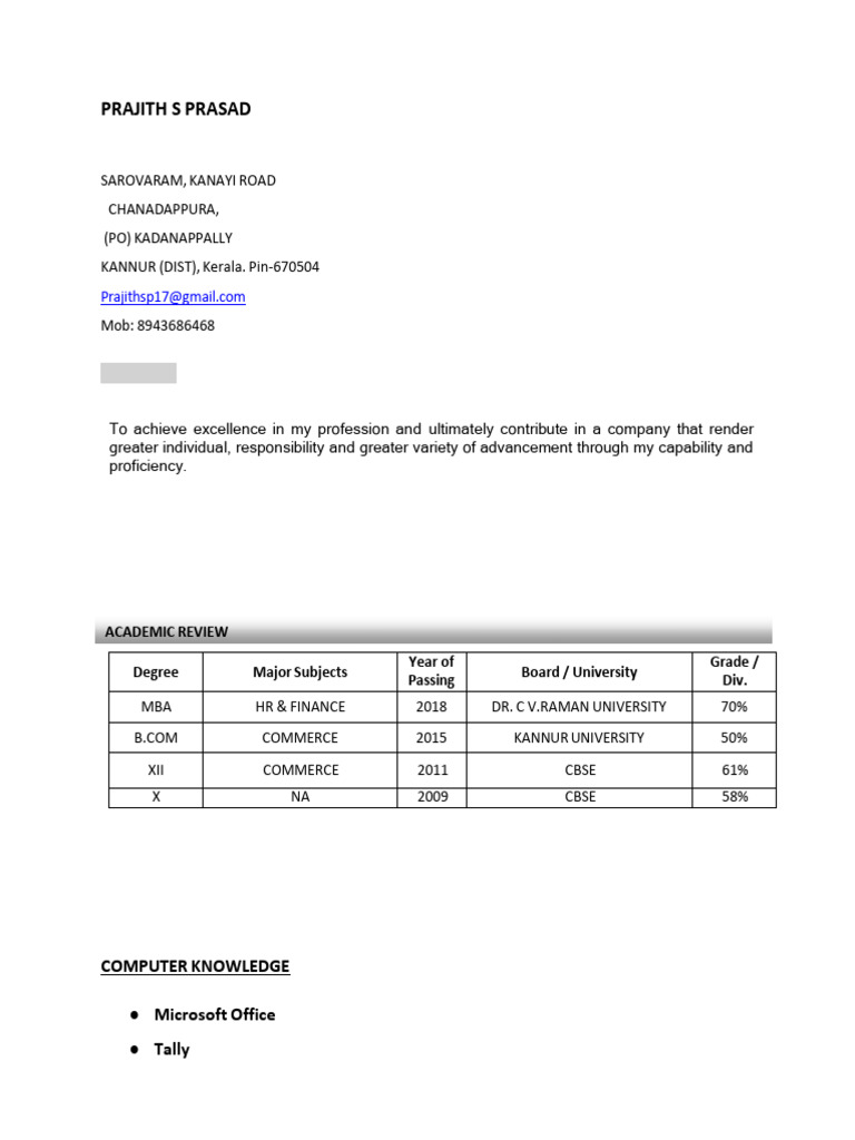 Resume Prajith S Prasad | PDF | Business | Economies