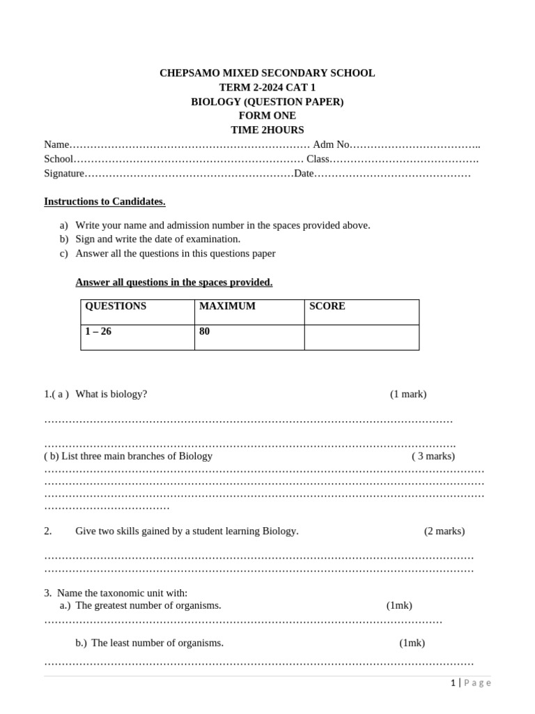 Biology f1 Term 2 2024 Cat 1 | PDF | Microscope | Microscopy