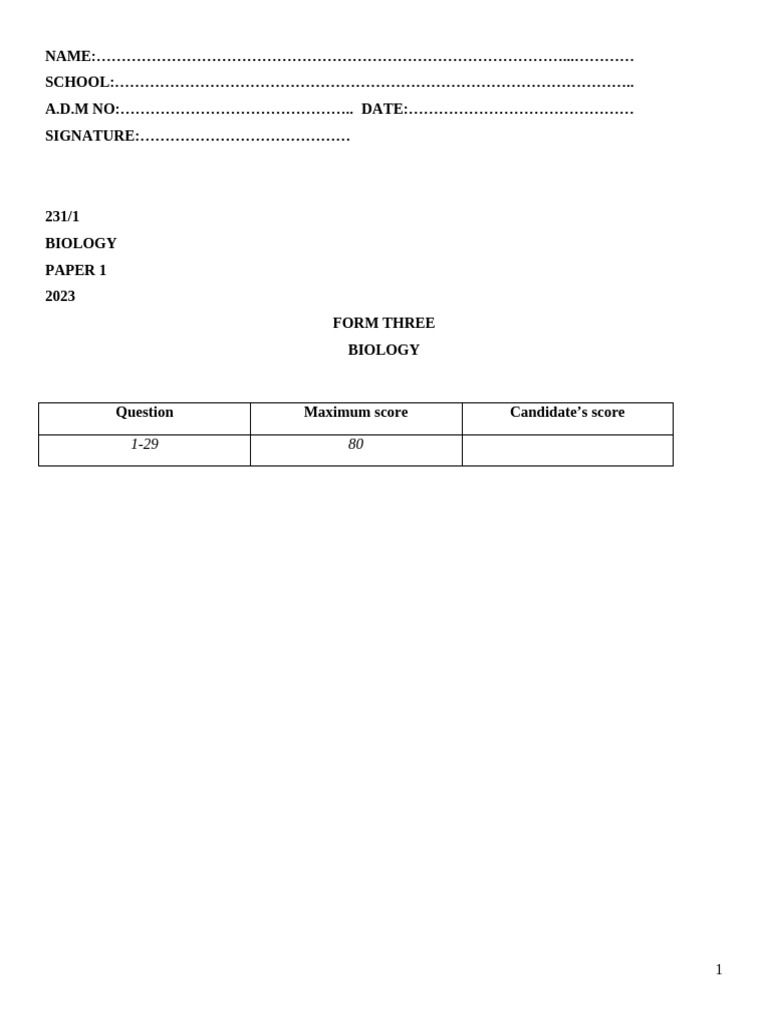 Biology P1 form 3 end of term 1 2024 | PDF | Stoma | Biochemistry
