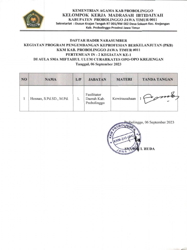 Daftar Hadir Kegiatan PKB Probolinggo | PDF | Sains & Matematika