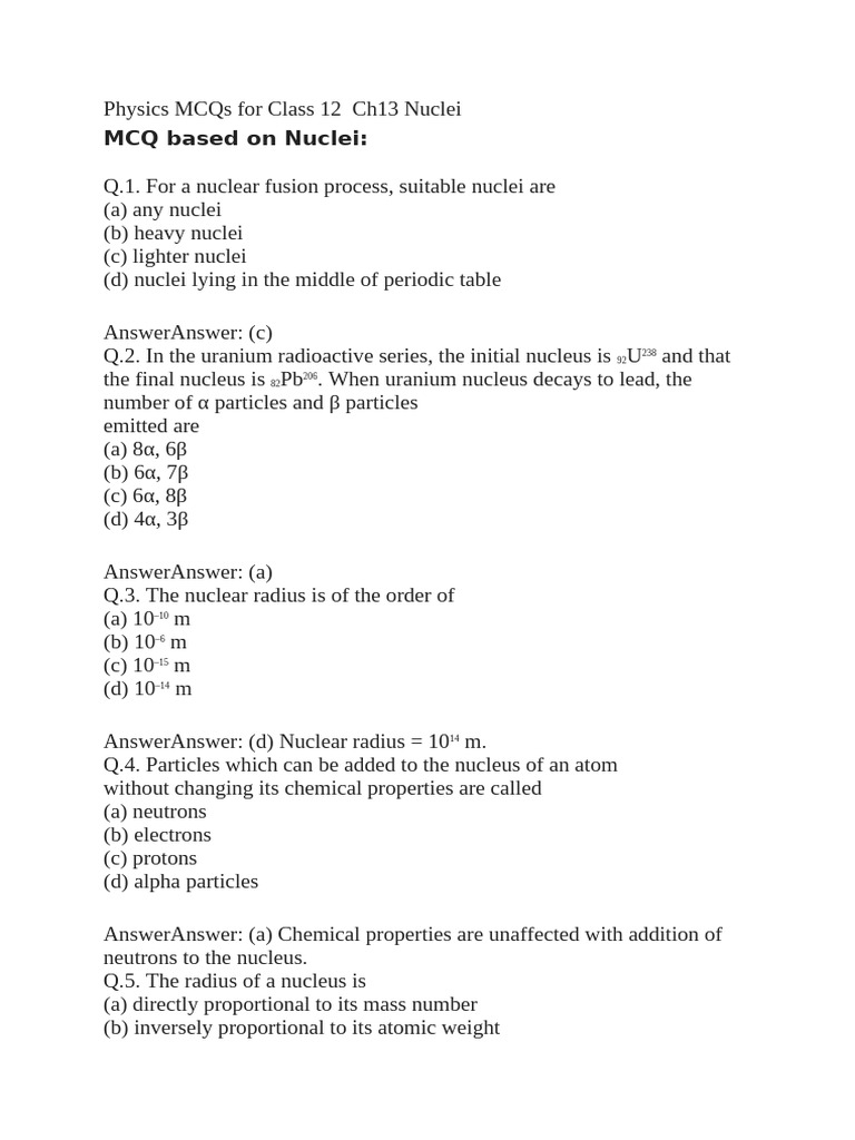 Physics MCQs For Class 12 Ch13 Nuclei | PDF | Atomic Nucleus | Nuclear Physics