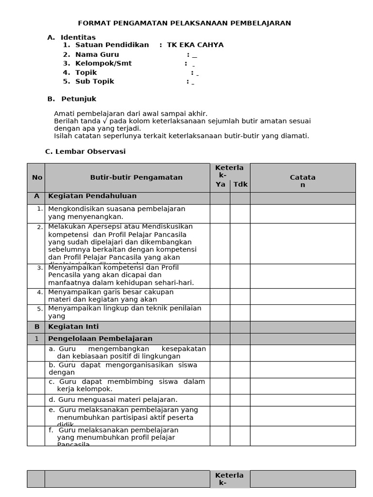 Format Observasi Pembelajaran Kurikulum Merdeka | PDF
