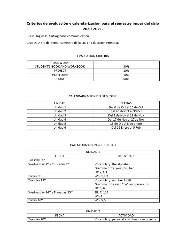 Criterios de Evaluación y Calendarizacion 1ro A y B-1 | PDF | Syntax ...