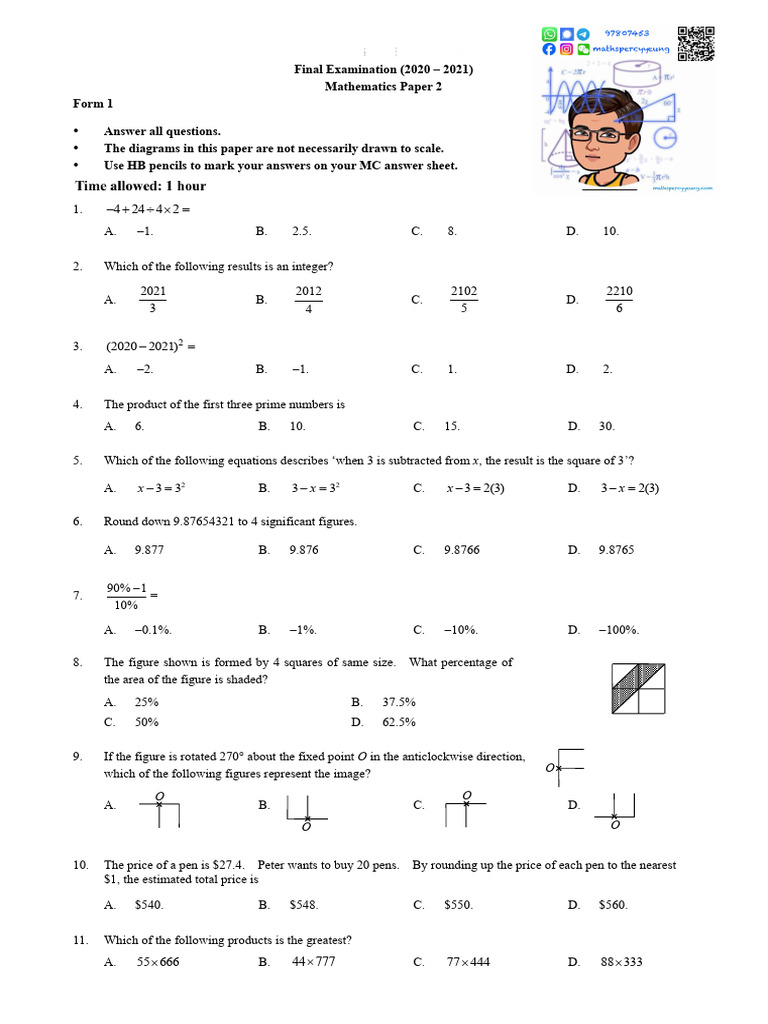 20 21 f.1 Maths Final Exam Paper 2 | PDF | Elementary Mathematics ...