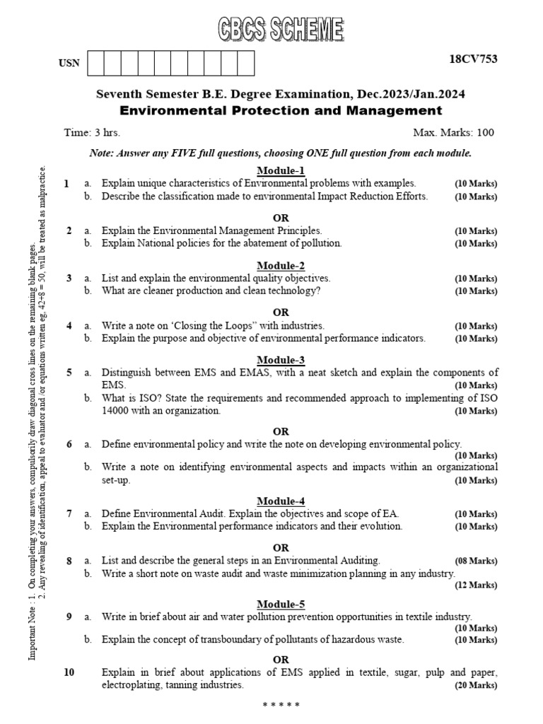 VTU Environmental Management Exam Papers | PDF | Environmental Resource ...