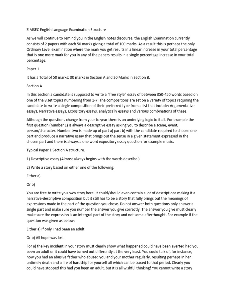 ZIMSEC English Exam Structure Explained | PDF | Essays | Reading ...
