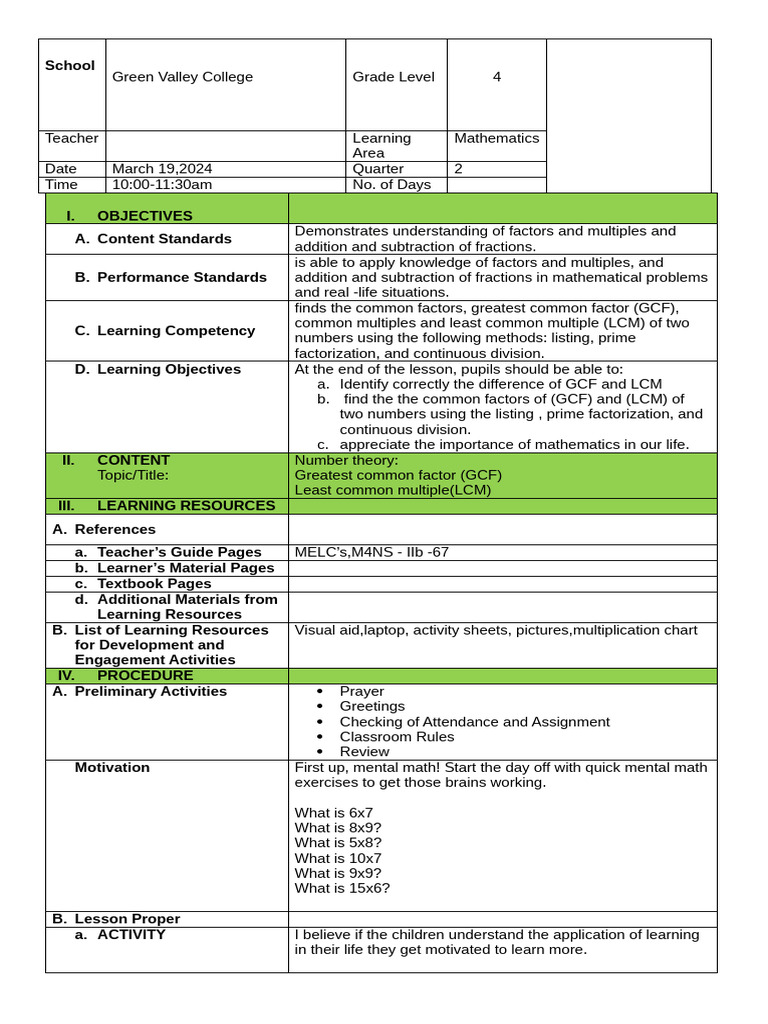 4as Lesson Plan Math Group 1 1 1 | PDF | Learning | Mathematics
