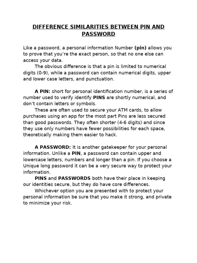 Difference Similarities Between Pin and Password | PDF