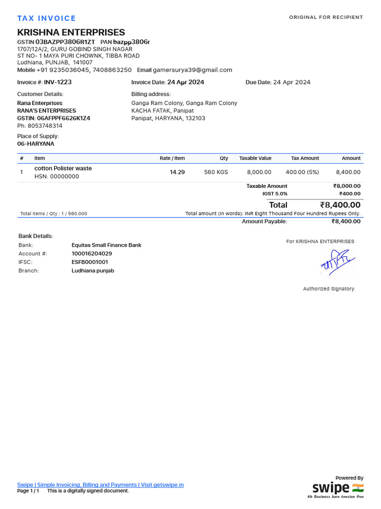 Krishna Enterprises Invoice INV-1223 | PDF | Government Finances | Taxes