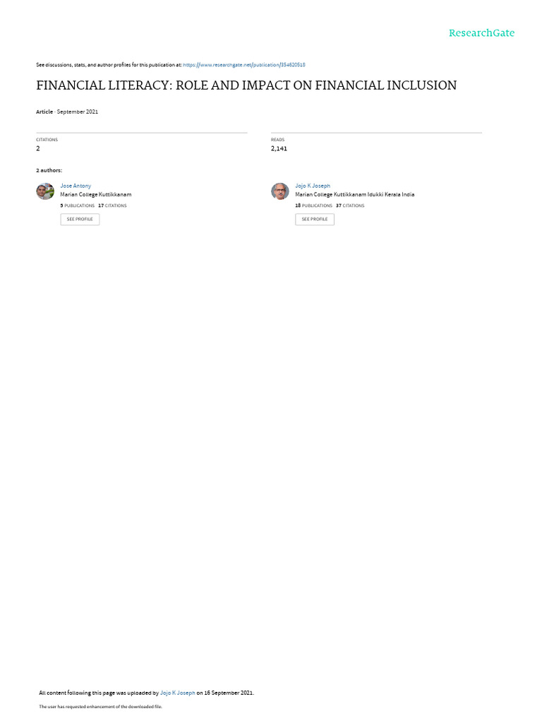 FINANCIALLITERACY-ROLEANDIMPACTONFINANCIALINCLUSION | PDF | Financial Inclusion | Financial Literacy