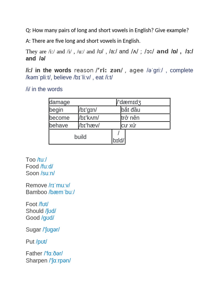 5 Pairs Long and Short Vowels | PDF