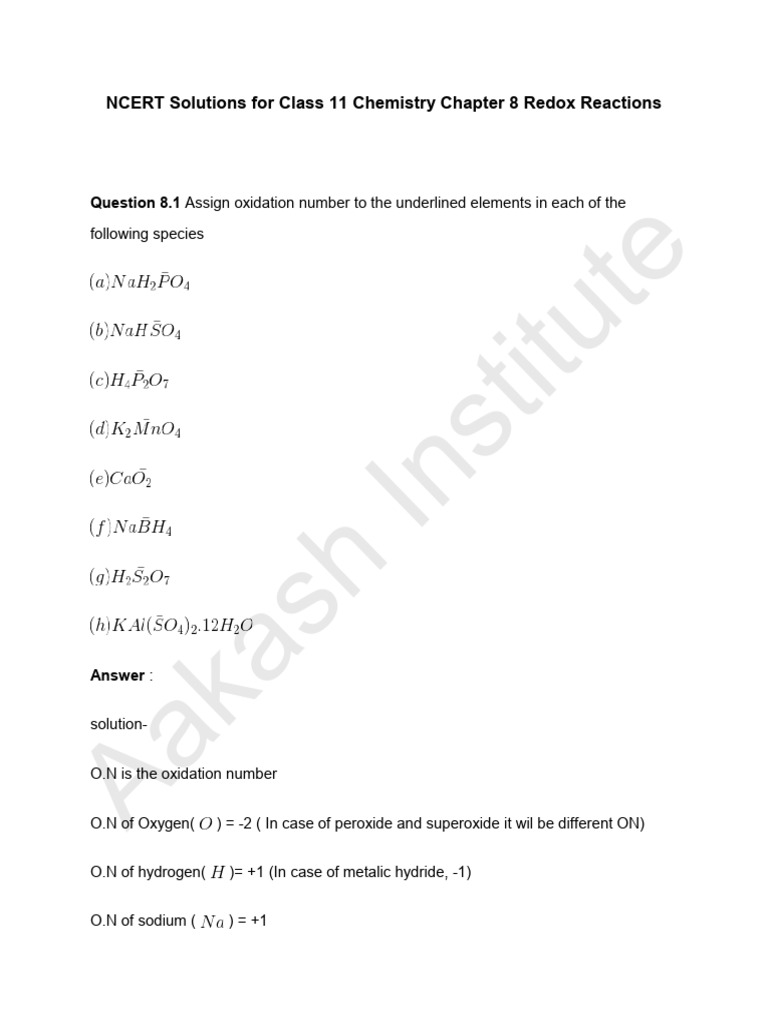 Ncert Solutions Class 11 Chemistry Chapter 8 Redox Reaction 0 | PDF ...